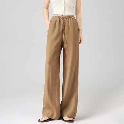 100%亚麻直筒女松紧腰山本裤新品