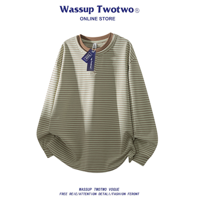 WASSUP TWO TWO假两件V领撞色条纹长袖T恤秋季德绒新款老钱风卫衣