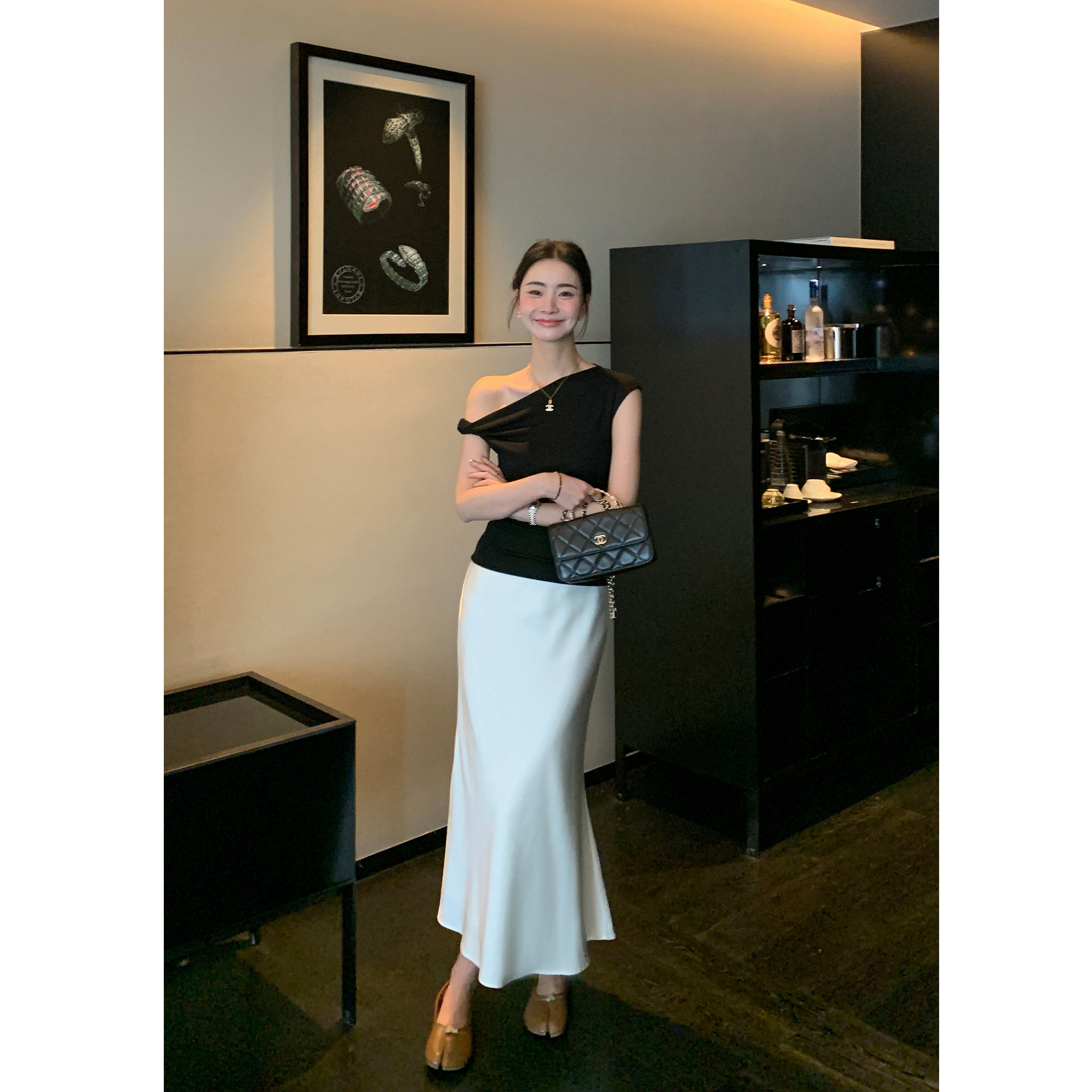 pusumede黑色缎面高级感半身裙女夏季长款裙子气质显瘦鱼尾裙