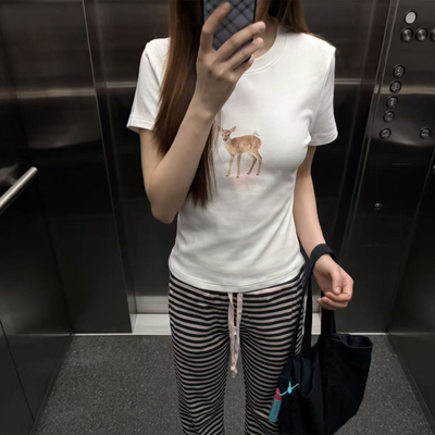 夏季甜美小鹿印花修身短袖T恤