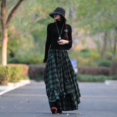 素心长裙大摆跳舞全棉格子半身裙