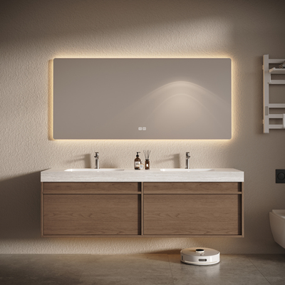 中古风岩板无缝浴室柜组合岩板一体盆简约卫生间洗漱台洗手洗脸盆