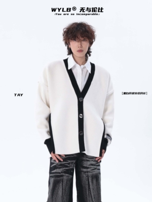 开衫V领撞色针织毛衣开衩