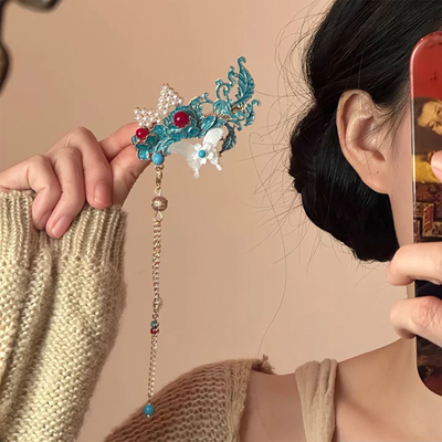 山沐手作「碧玉生烟」国风烧蓝色花朵流苏发夹女古风发卡汉服头饰