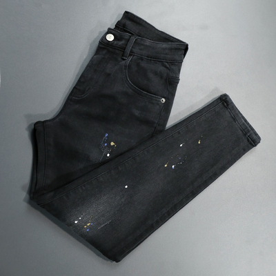 黑灰色九分牛仔裤男款潮流泼漆泼墨韩版做旧复古风弹力修身小脚裤