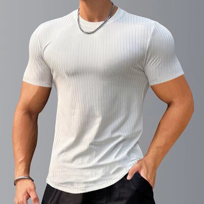 Slimming fitness suit solid color striped men short T-shirt