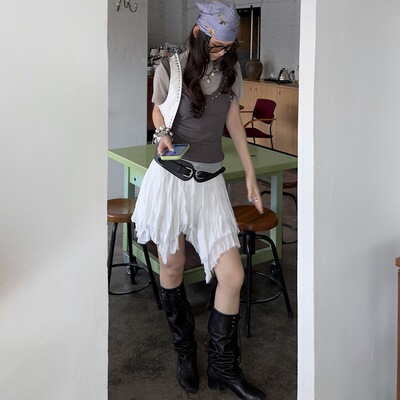 Monday JA 新品 甜辣网纱褶皱不规则短款半身裙女夏季显瘦中裙子