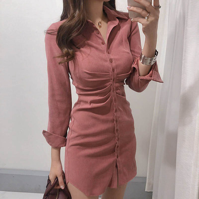三小姐的咖啡丝绒衬衫裙打底连衣裙女秋冬内搭包臀裙收腰显瘦直筒