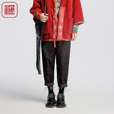 渔牌女装棉裤女款冬季新款新中式绣花松紧腰休闲长裤FGGD8206