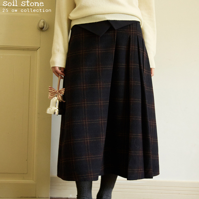 soilstone复古格纹拼接百褶半裙