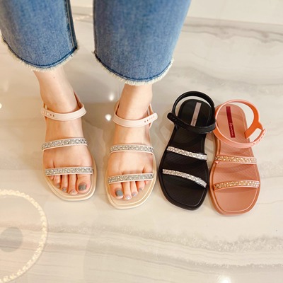 巴西依帕方头闪钻细带平底凉鞋女