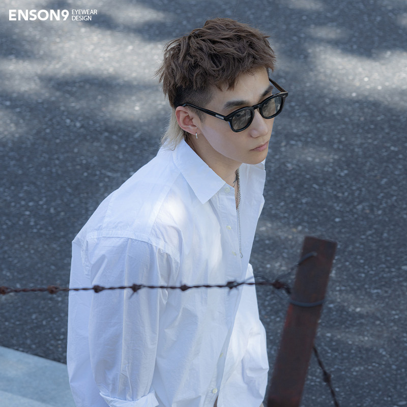 enson9日系板材半透明方框墨镜潮男女 复古粗框石纹浅黄色太阳镜