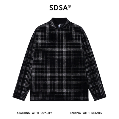 SDSA男士秋冬新款痞帅男装潮牌撞色格纹半高领长袖T恤百搭时尚潮