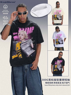 美式复古Rose数码直喷印花短袖T恤男300G重磅纯棉宽松小领口半袖