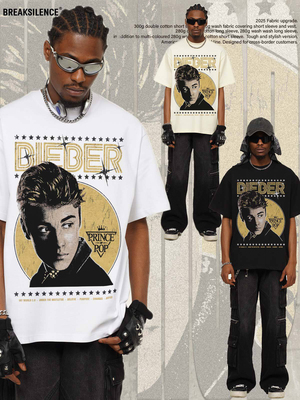 美式复古Justin Bieber印花短袖T恤男街头hiphop宽松纯棉情侣半袖