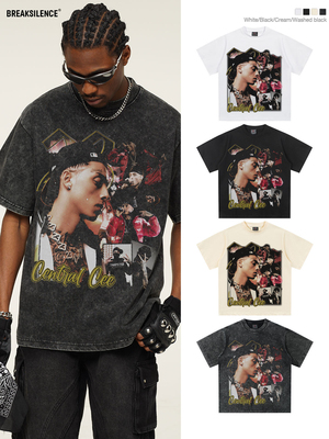 美式复古嘻哈Centralcee印花短袖T恤男街头潮流宽松百搭情侣半袖