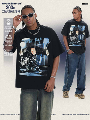 Korn乐队 人物印花美式小领口300G重磅纯棉炒雪花宽松短袖T恤男女