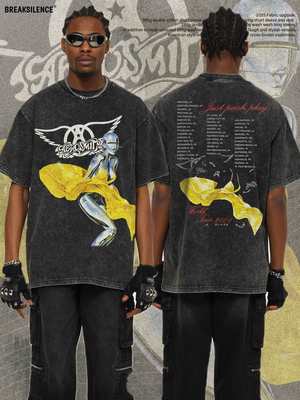 美式复古Aerosmith乐队摇滚短袖T恤男女街头嘻哈宽松重磅纯棉半袖