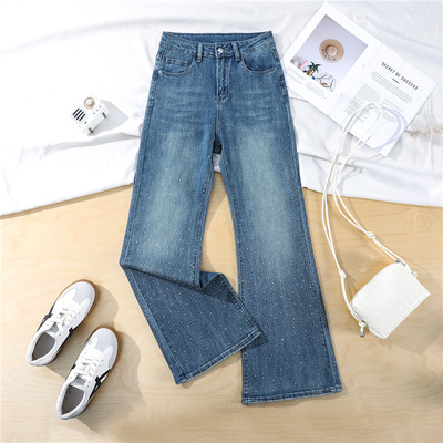 满天星烫钻爆闪新款不贴腿微喇牛仔裤女柔软舒适宽松喇叭裤依春棉