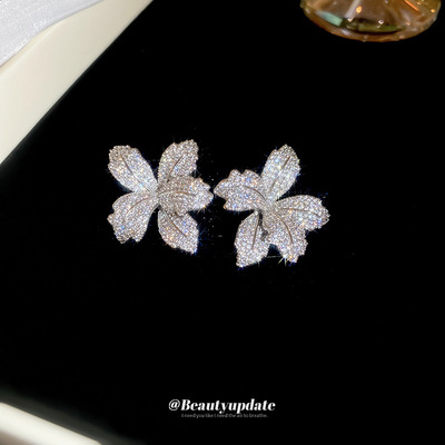 银针欧美超闪满钻花朵耳钉精致高级感耳环简约轻奢气质耳饰批发