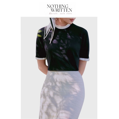 【现货】Nothing Written Narchi撞边黑色针织衫短袖显瘦气质上衣