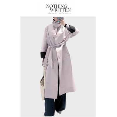 【现货】Nothing Written Narchi文艺珠贝粉中长款拼色风衣外套女