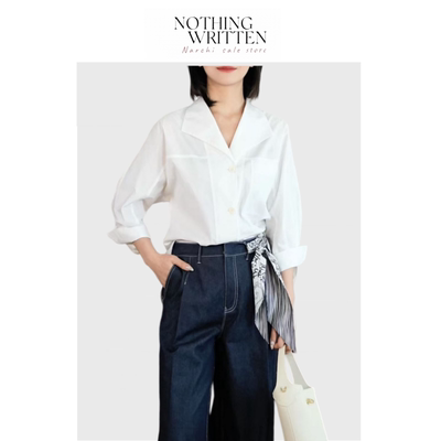 【现货】Nothing Written Narchi干练大翻领白衬衫七分袖宽松衬衣