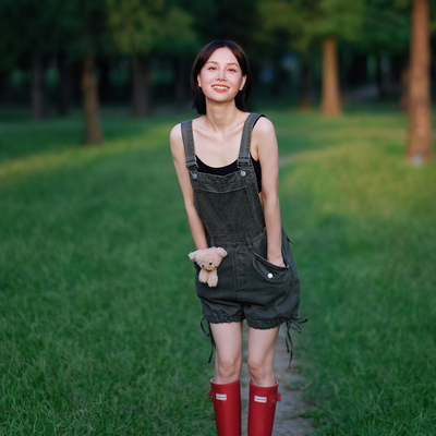 日杂风复古可爱小个子背带短裤