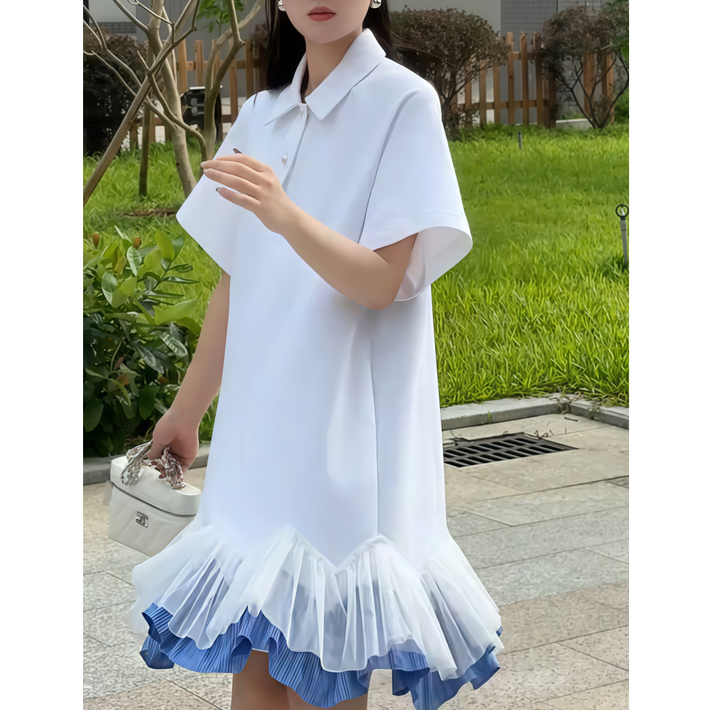 设计师原创时尚简约宽松舒适慵懒松弛拼色荷叶边连衣裙汉服连衣裙
