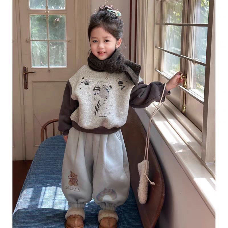 儿童冬季卡通拼色加绒加厚卫衣卫裤套装女童户外休闲衣裤两件套潮