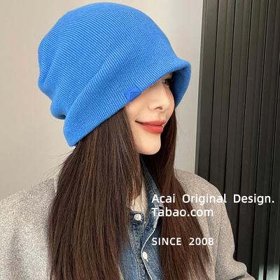 文艺蓝色纯羊毛针织帽子冬季保暖包头帽女2025新款秋冬堆堆帽冷帽