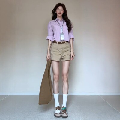 简约卡其色牛仔短裤女夏
