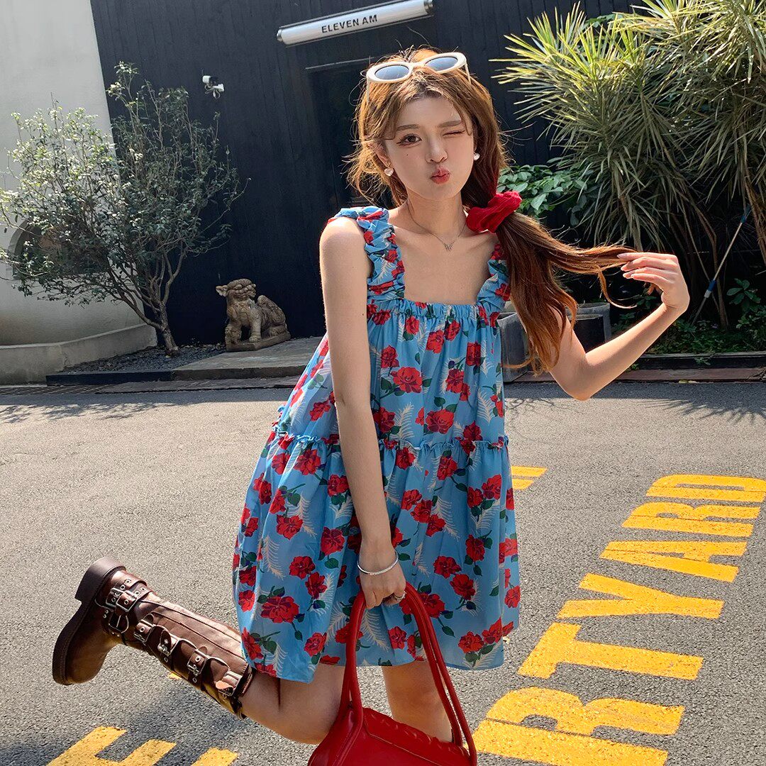 连衣裙短裙夏季吊带印花度假风女装连衣裙气质女装裙子连衣裙夏装