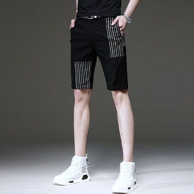 高端休闲短裤男士2024年夏季薄款修身中裤潮流百搭条纹五分裤子男