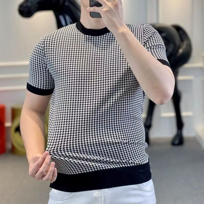 夏季新品欧洲站格子男士短袖圆领T恤千鸟格修身小众体恤打底潮牌