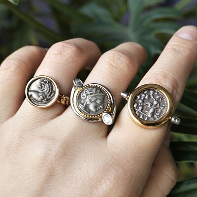 【古币戒指合集】古希腊狮子女神士兵浮雕图案撞色戒指高级设计感