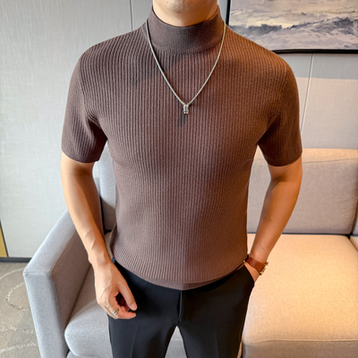 老钱风 莱赛尔 半高领短袖毛衣针织衫打底衫男士咖啡MYB60002-P43