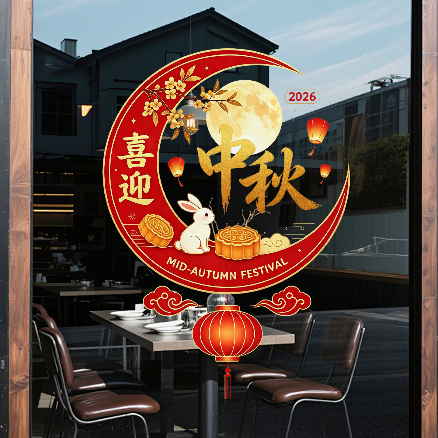 中秋装饰玻璃门贴纸商场珠宝店橱窗场景布置窗贴画中秋节静电贴
