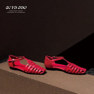 编织罗马包头凉鞋女平底猪笼鞋