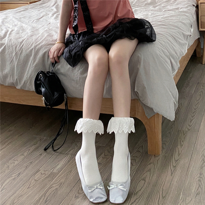 棉质绣花大花边小腿袜