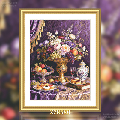 【KZ-ZZ8580-紫韵金辉】十字绣2026新款客厅花卉竖版玄关风景