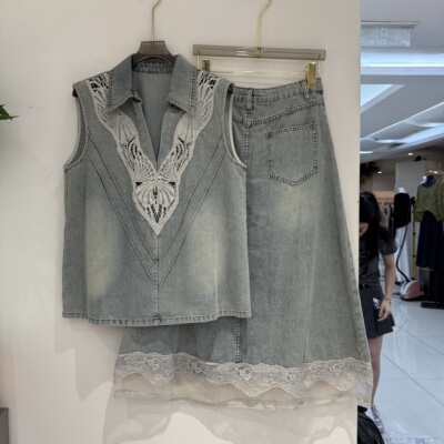 欧洲站2026夏季新款翻领拼蕾丝花边显瘦牛仔马甲半裙套装女26685