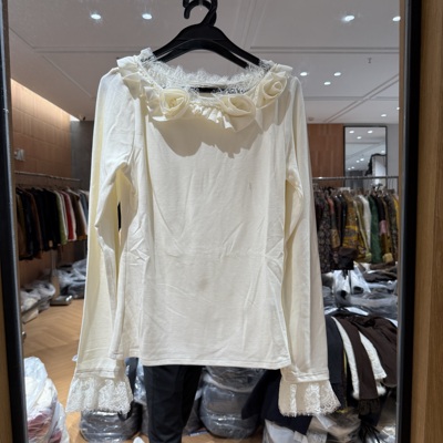 欧洲站2025秋冬新款一字领立体花朵蕾丝拼接百搭长袖上衣女63377