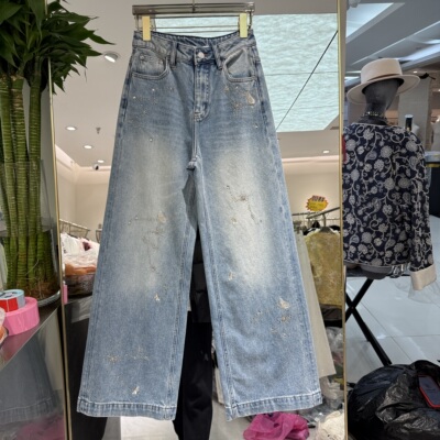 Dong.one春季2026新款高腰钉钻图案休闲韩系风阔版牛仔裤子女9011