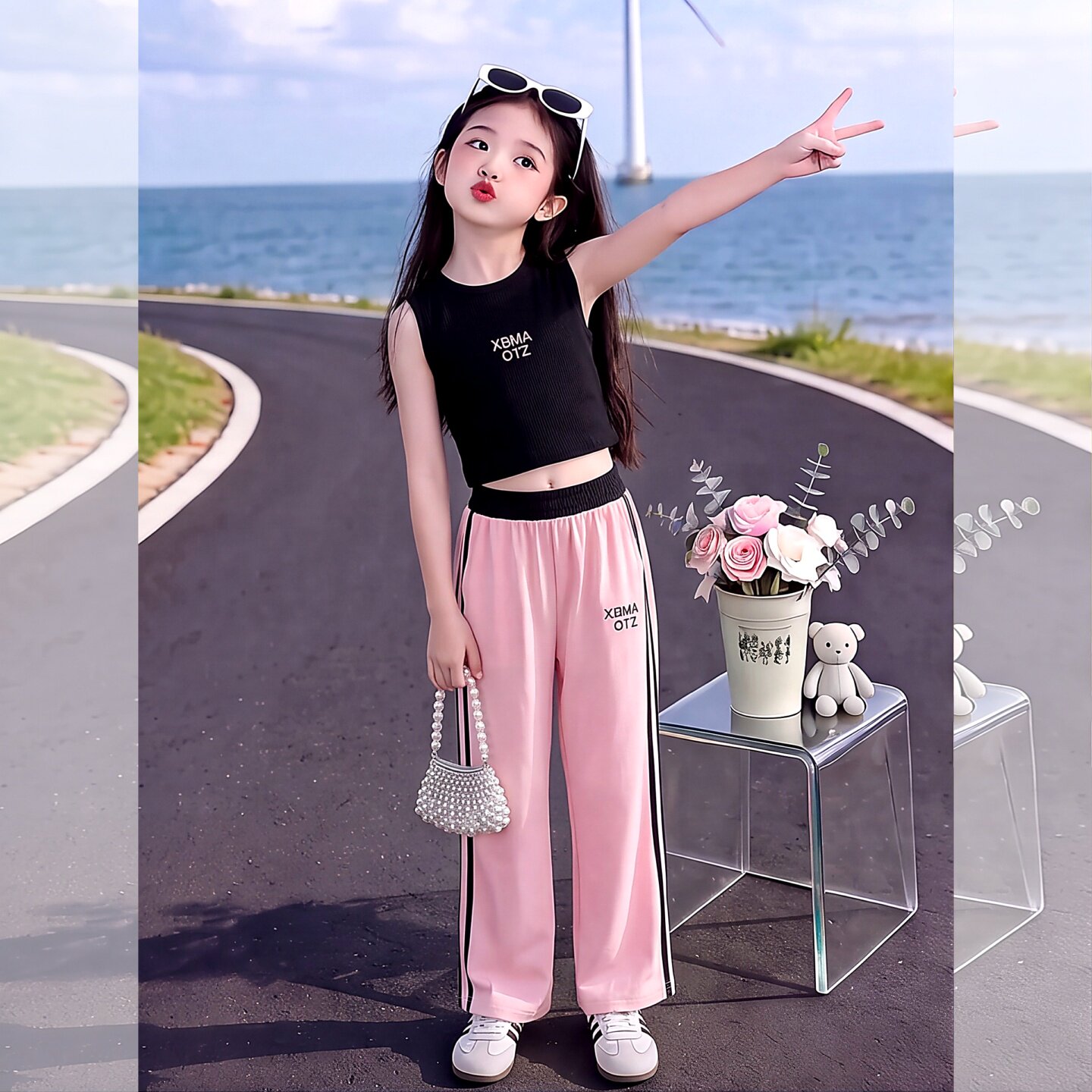 女童夏季休闲运动套装网红炸街两件套露脐无袖上衣阔腿裤时尚薄款