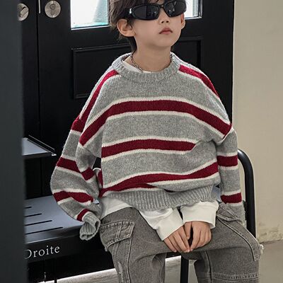2026新款男冬季潮酷条纹毛衣儿童休闲针织衫韩系男孩时尚百搭上衣