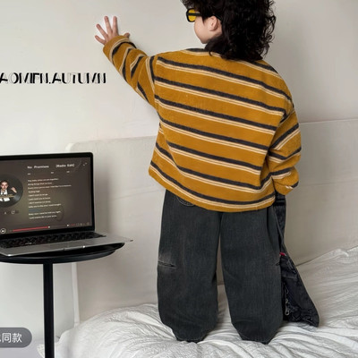 男童2025秋冬加绒加厚新款POLO衫韩版洋气条纹撞色卫衣痞帅童装