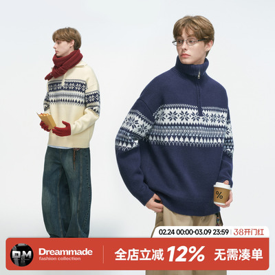 Dream made 半拉链费尔岛翻领提花毛衣男秋季宽松情侣高领针织衫
