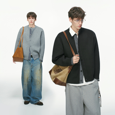 Dream made格纹拼接开衫毛衣男春秋季加厚假两件亨利领针织衫外套