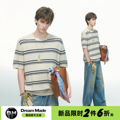 Dream made【4/15 0点新品限时2件6折】美式条纹莱赛尔亚麻T恤男